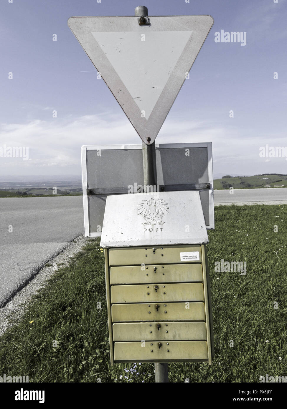 Mailbox of the Austrian Post, traffic sign yield, Austria, Lower ...