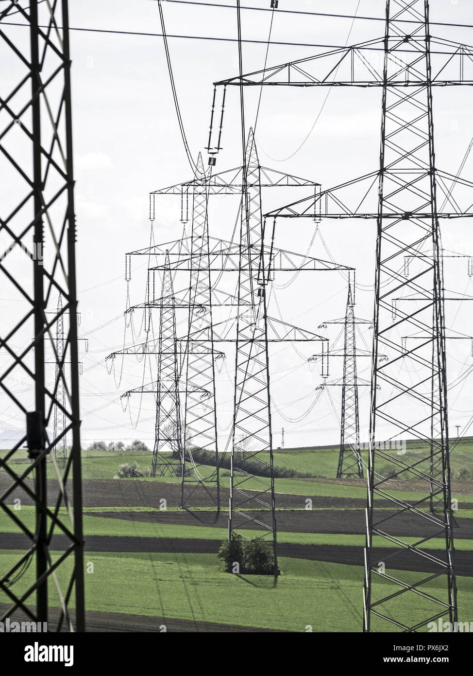 Electricity, power pole, high-voltage line, Austria, Lower Austria ...