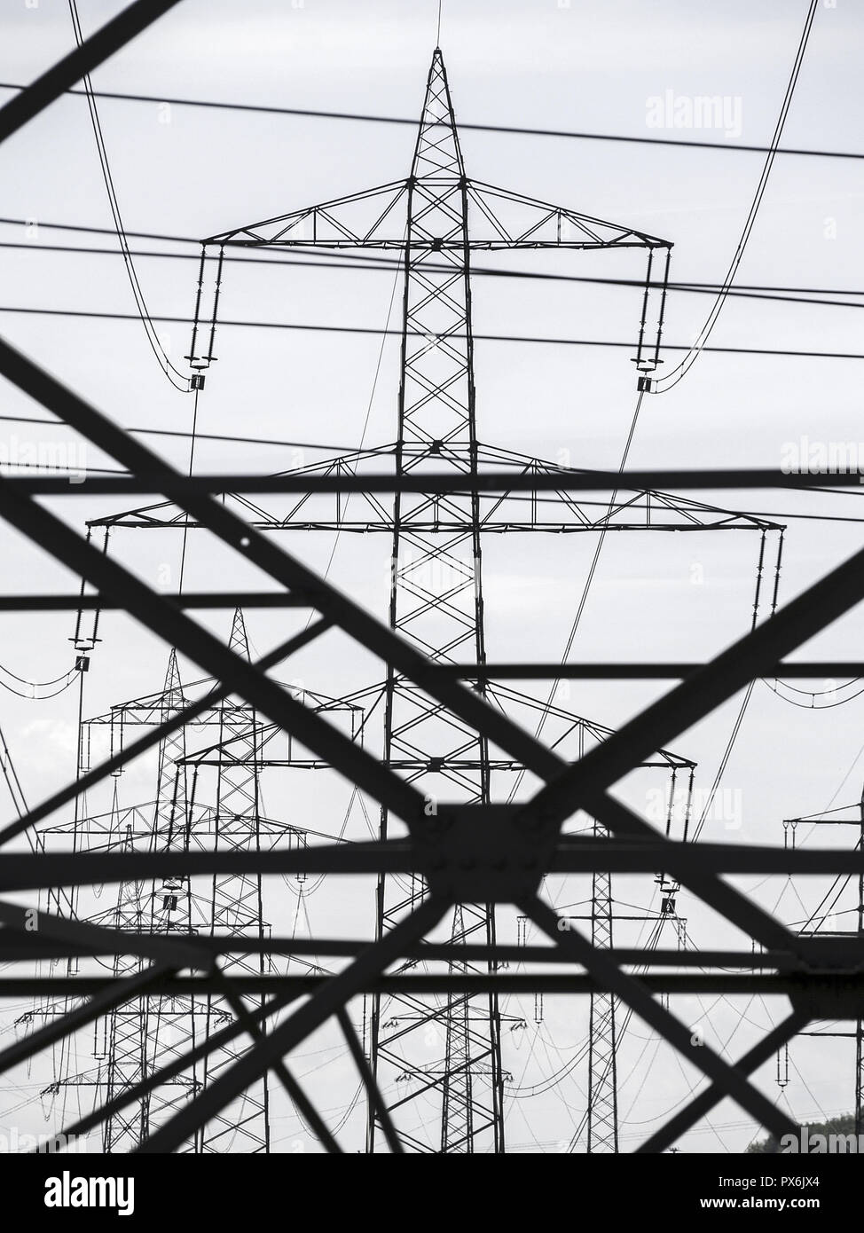 Electricity, power pole, high-voltage line, Austria, Lower Austria ...