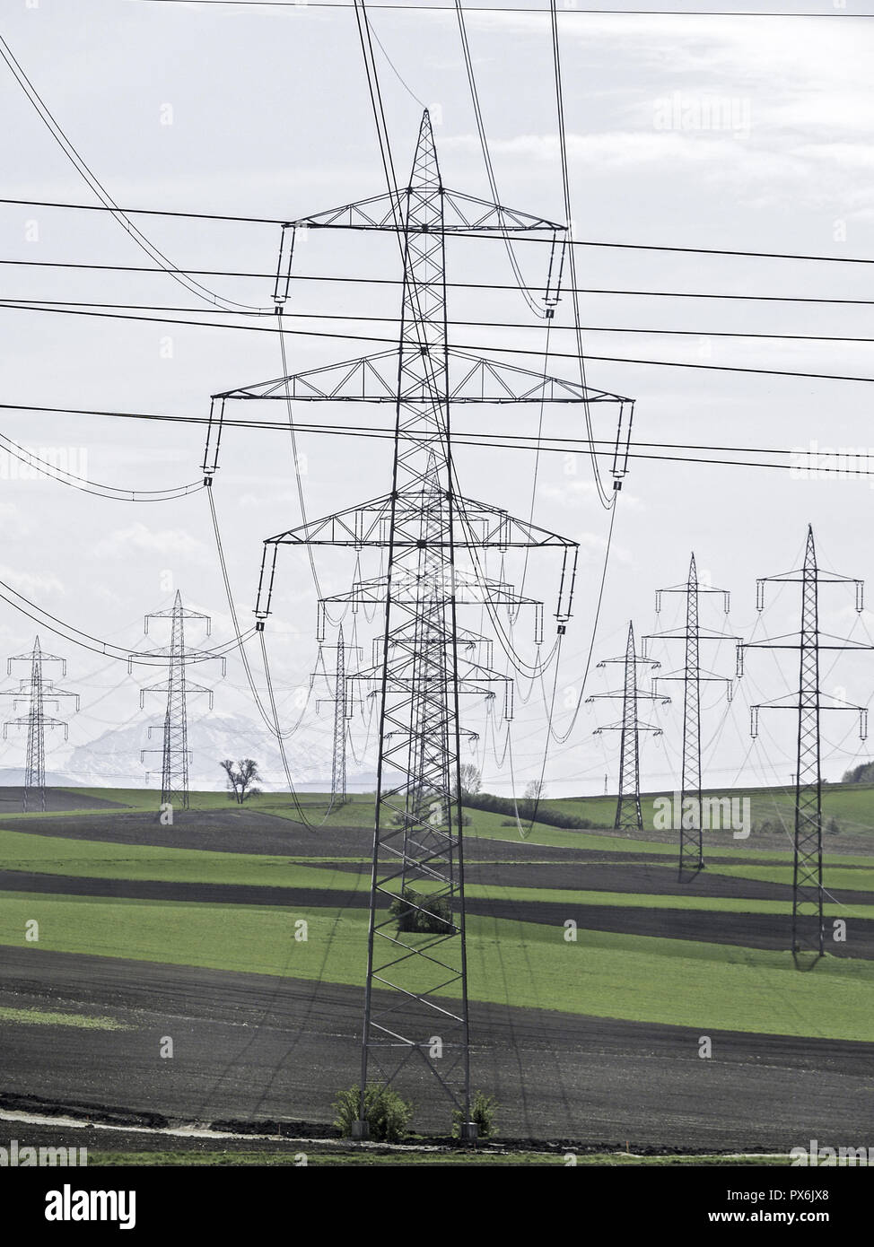 Electricity, power pole, high-voltage line, Austria, Lower Austria ...