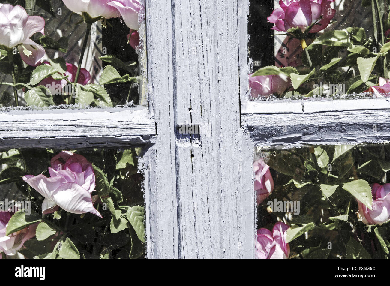 Blue window frame, flower decoration in the window Stock Photo - Alamy