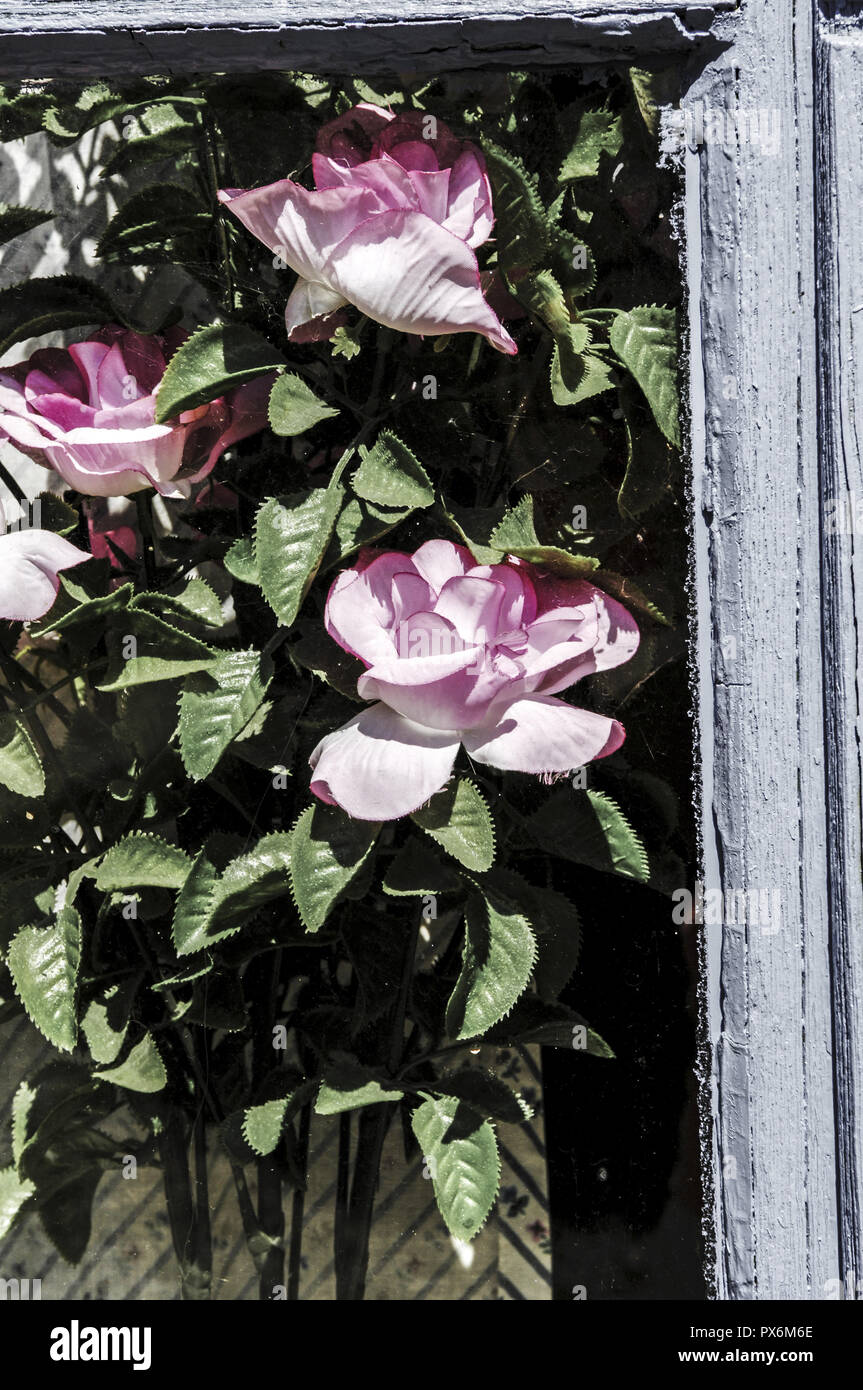 Blue window frame, flower decoration in the window Stock Photo - Alamy