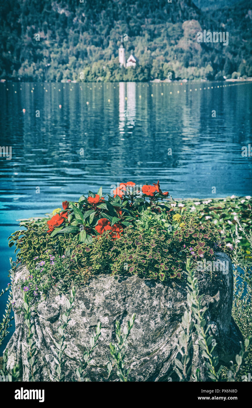 Decorative red flowers in stoned flowerpot and Assumption of Mary ...