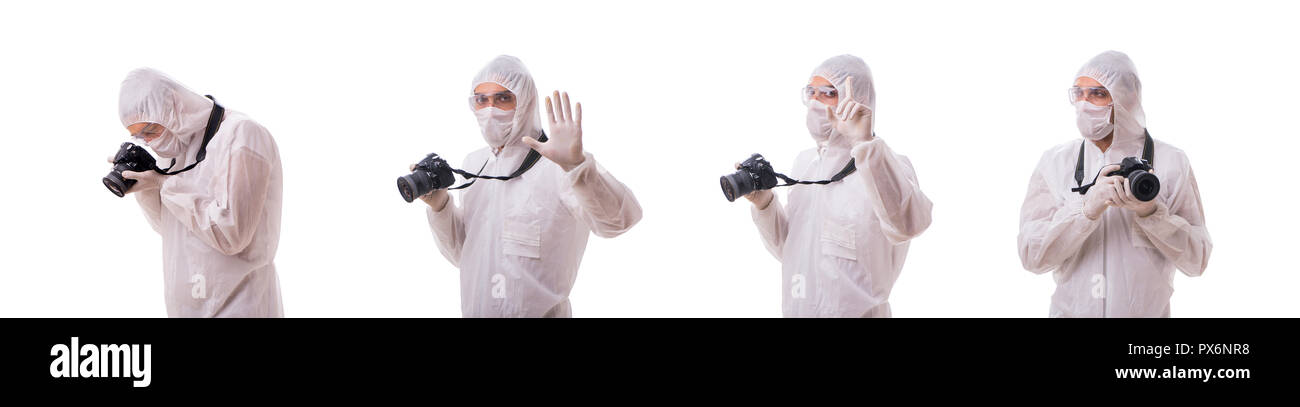 Forensic specialist in protective suit taking photos on white Stock ...