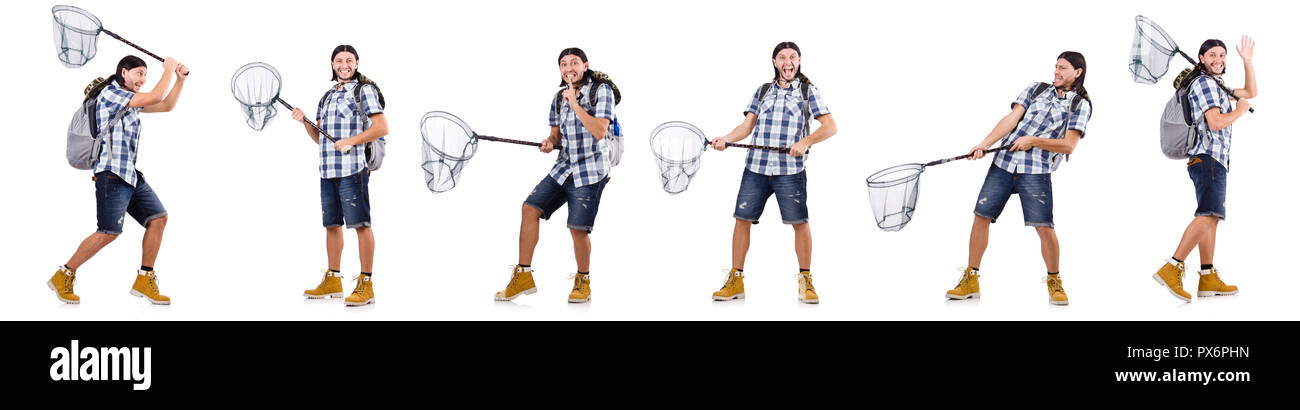 Man with catching net isolated on white Stock Photo - Alamy