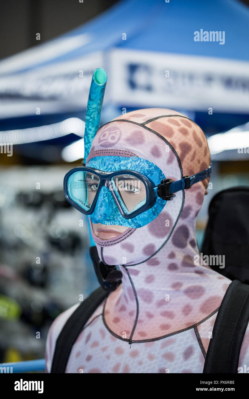 Sep 26: 2018: Portrait of a dummy diver wearing snorkling glasses and ...