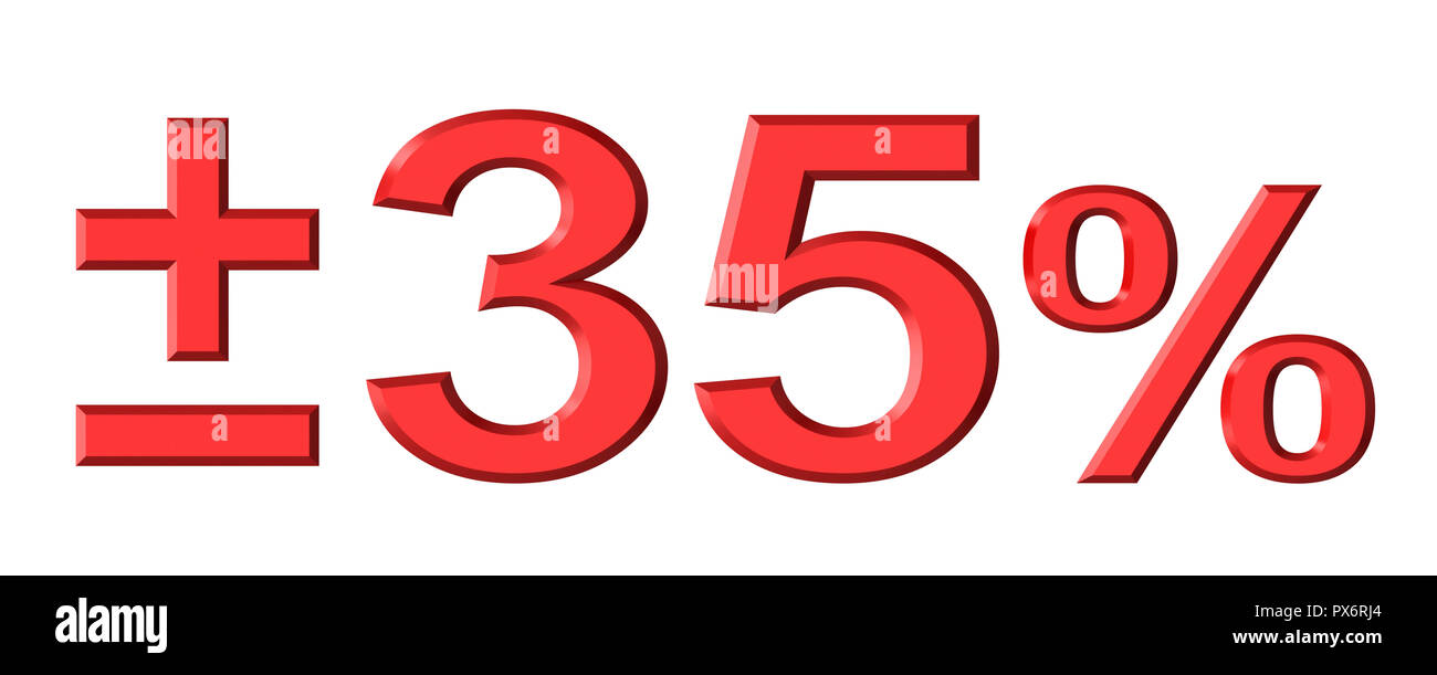 3d render of thirty five percent text with plus and minus isolated over ...
