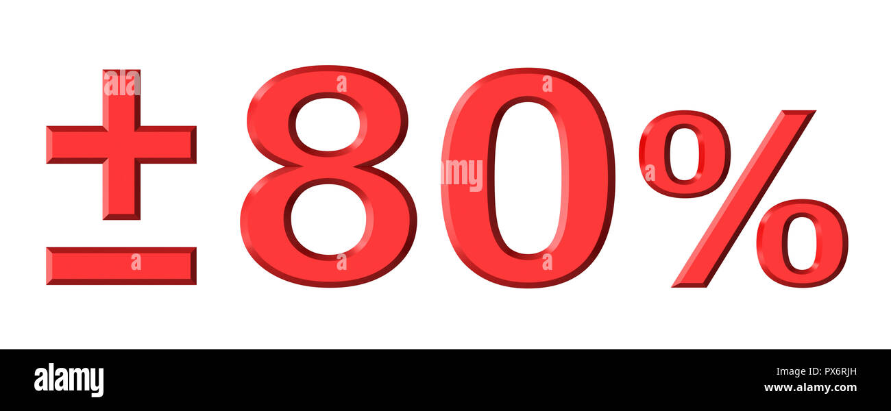 3d render of eighty percent text with plus and minus isolated over ...