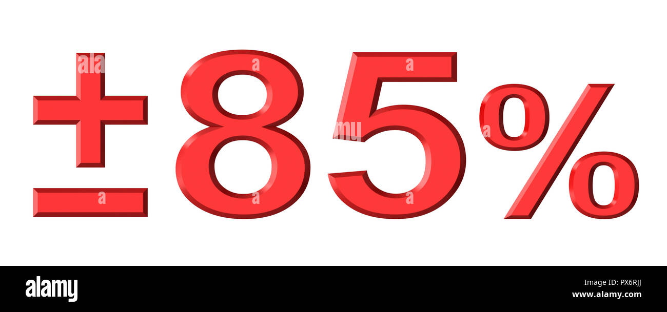 3d render of eighty five percent text with plus and minus isolated over ...