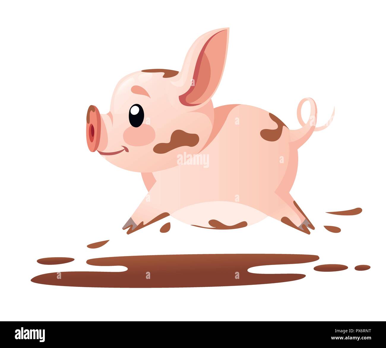 Cute pig. Cartoon character design. Running little pig in mud. Flat ...
