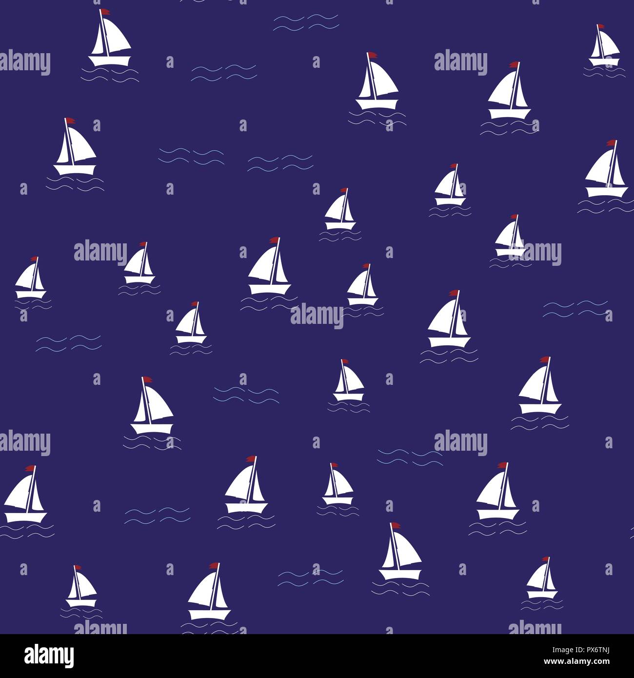 Hand drawing Seamless summer sea pattern with sailing ships on navy ...