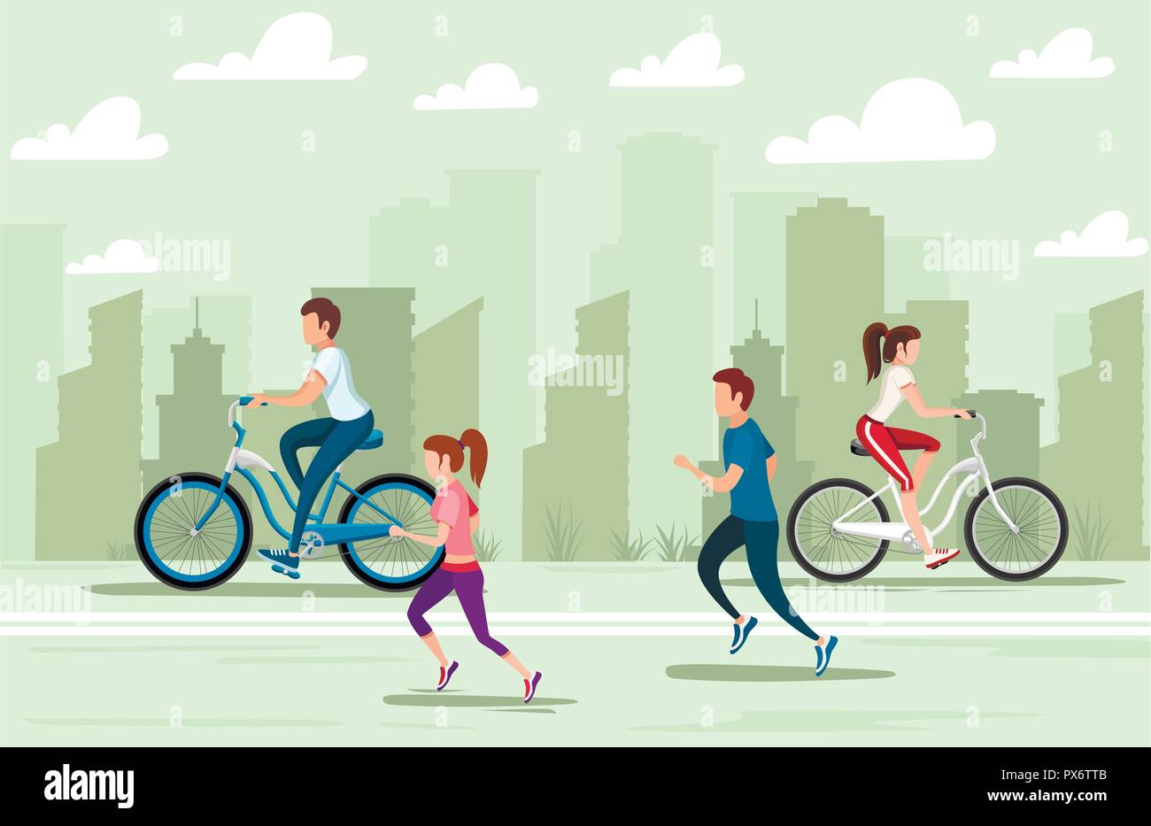 Beautiful women and men riding bicycle and running. People in sports ...