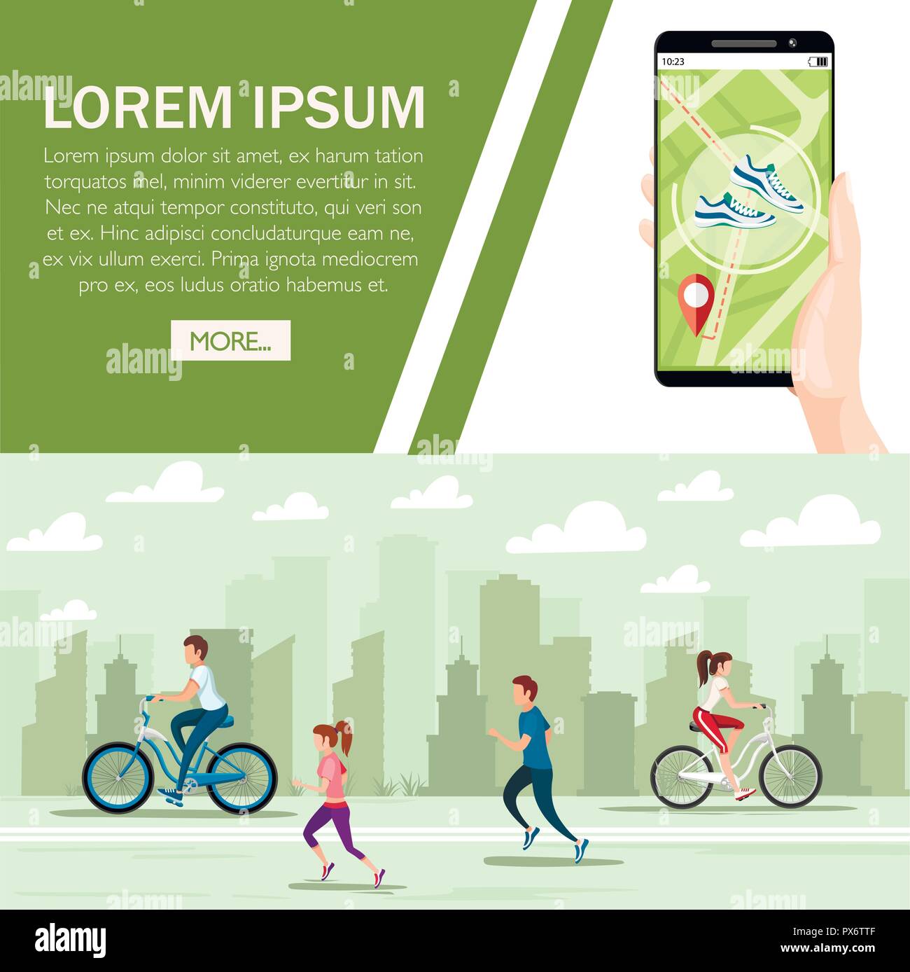 Beautiful women and men riding bicycle and running. People in sports ...