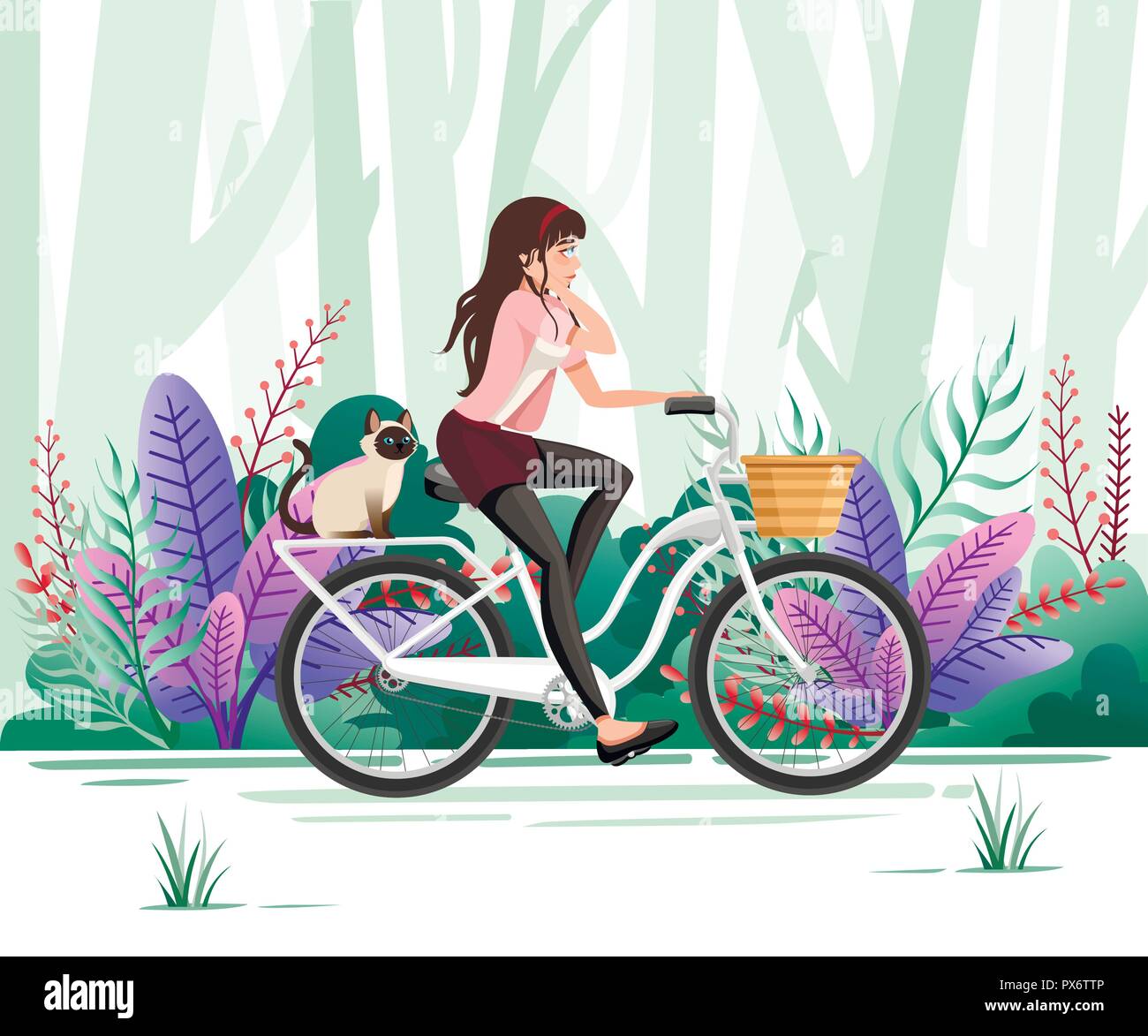 Beautiful women riding bicycle. Cat sit on bicycle. Cartoon character ...