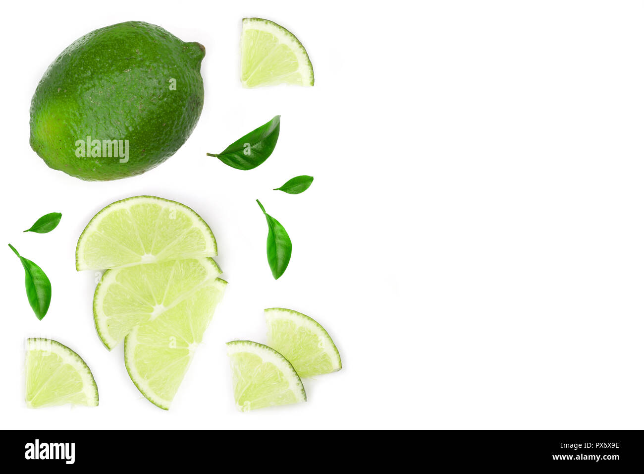 sliced lime with leaves isolated on white background. Top view. Flat ...