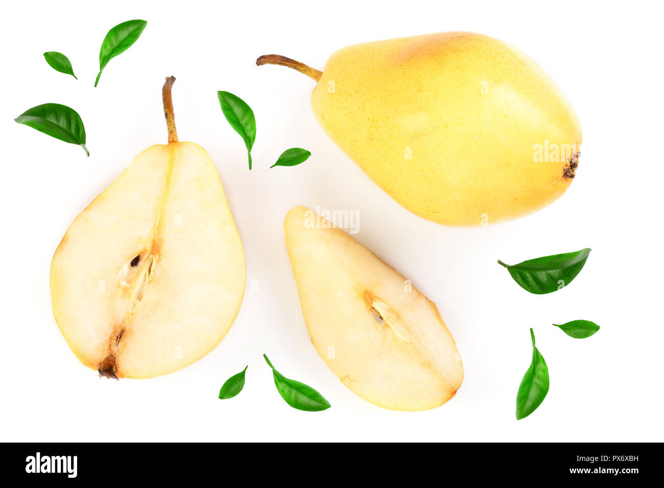 Three ripe red yellow pear fruits with leaf isolated on white ...