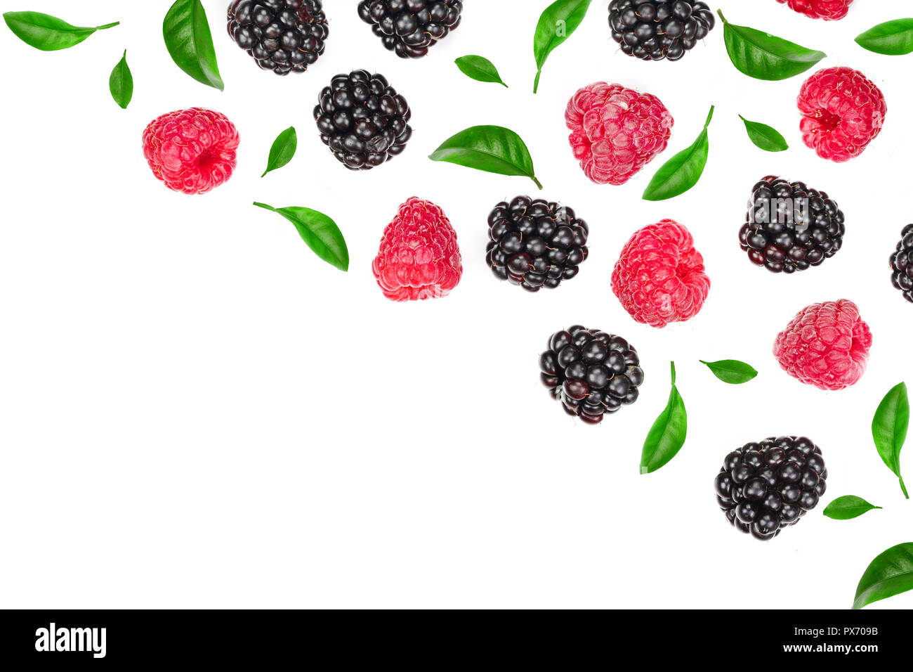 blackberry and raspberry with leaves isolated on white background with ...