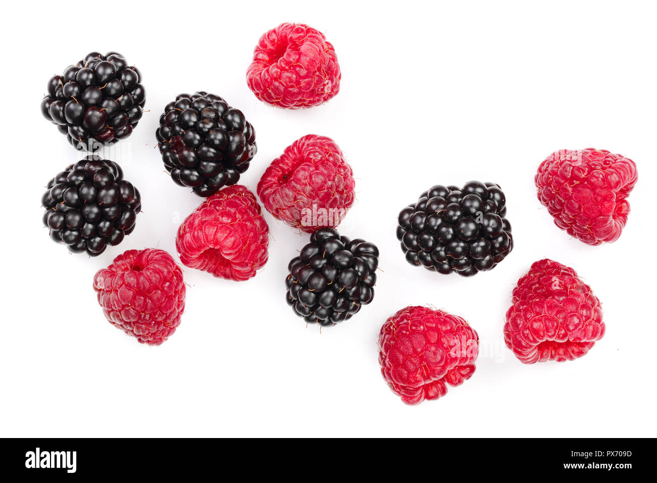 blackberry and raspberry isolated on white background. Top view. Flat ...