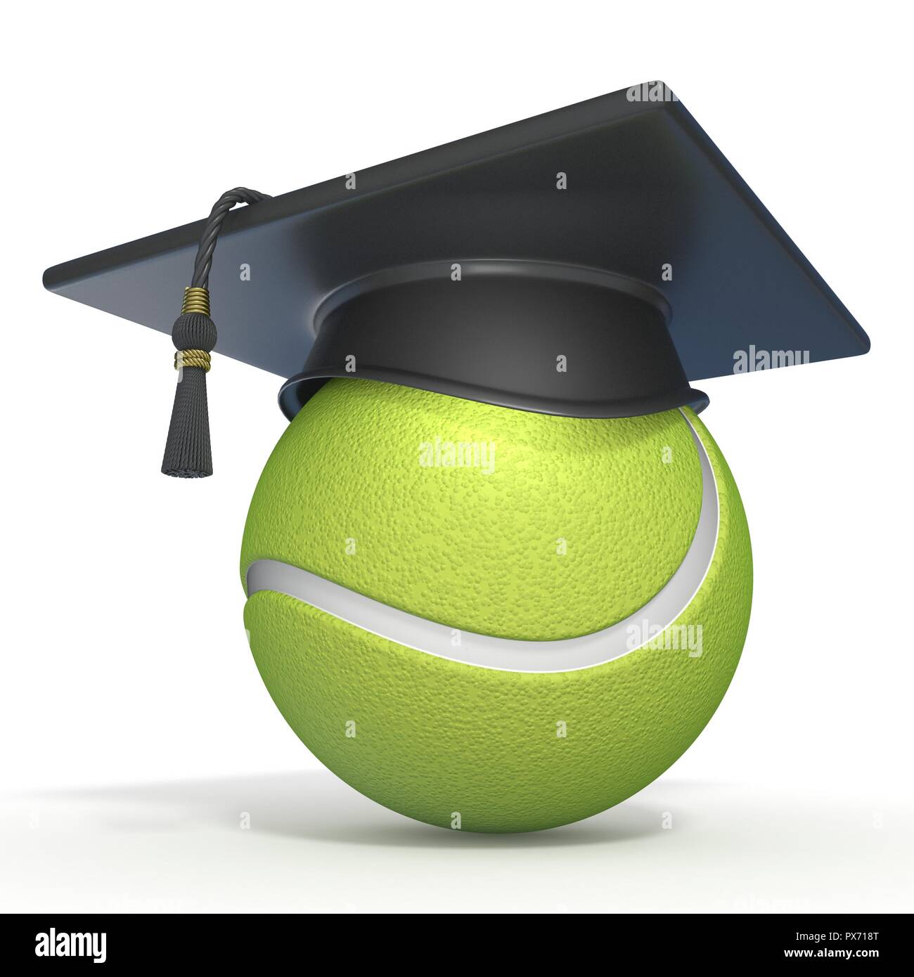 Graduation cap on tennis ball 3D render illustration on white ...