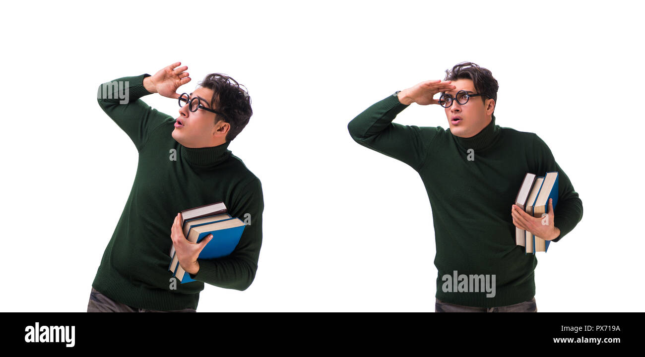 Nerd young student with books isolated on white Stock Photo - Alamy