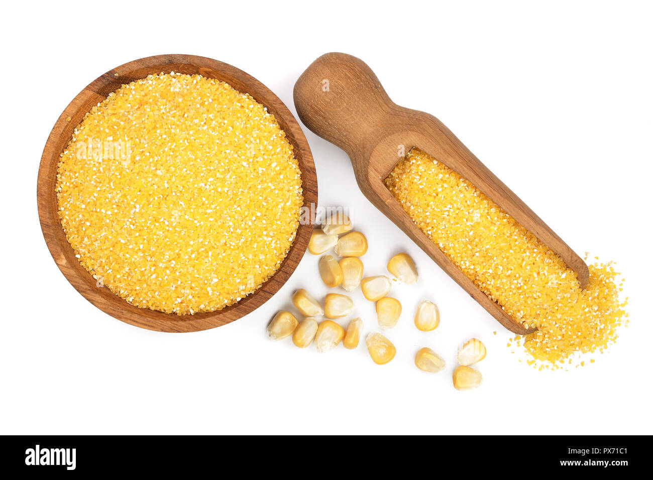 corn groats or cornmeal isolated on white background. Top view. Flat ...