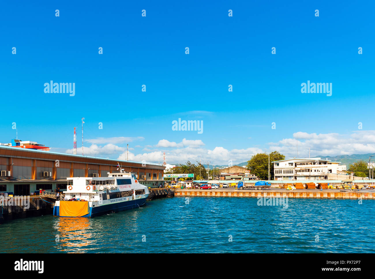 CEBU, PHILIPPINES - FEBRUARY 23, 2018: View of the port. Copy space for ...