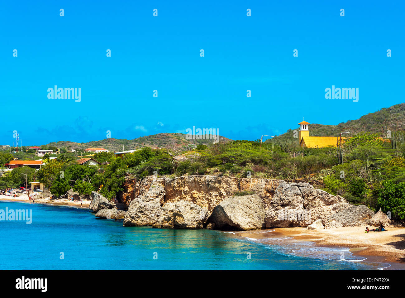 View of the beach at the cliffs Playa Lagun, Curacao, Netherlands. Copy ...