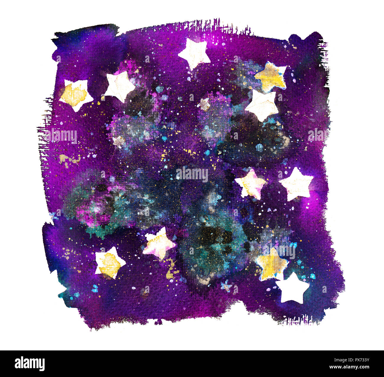 An abstract watercolour background texture with stars on a dark sky ...