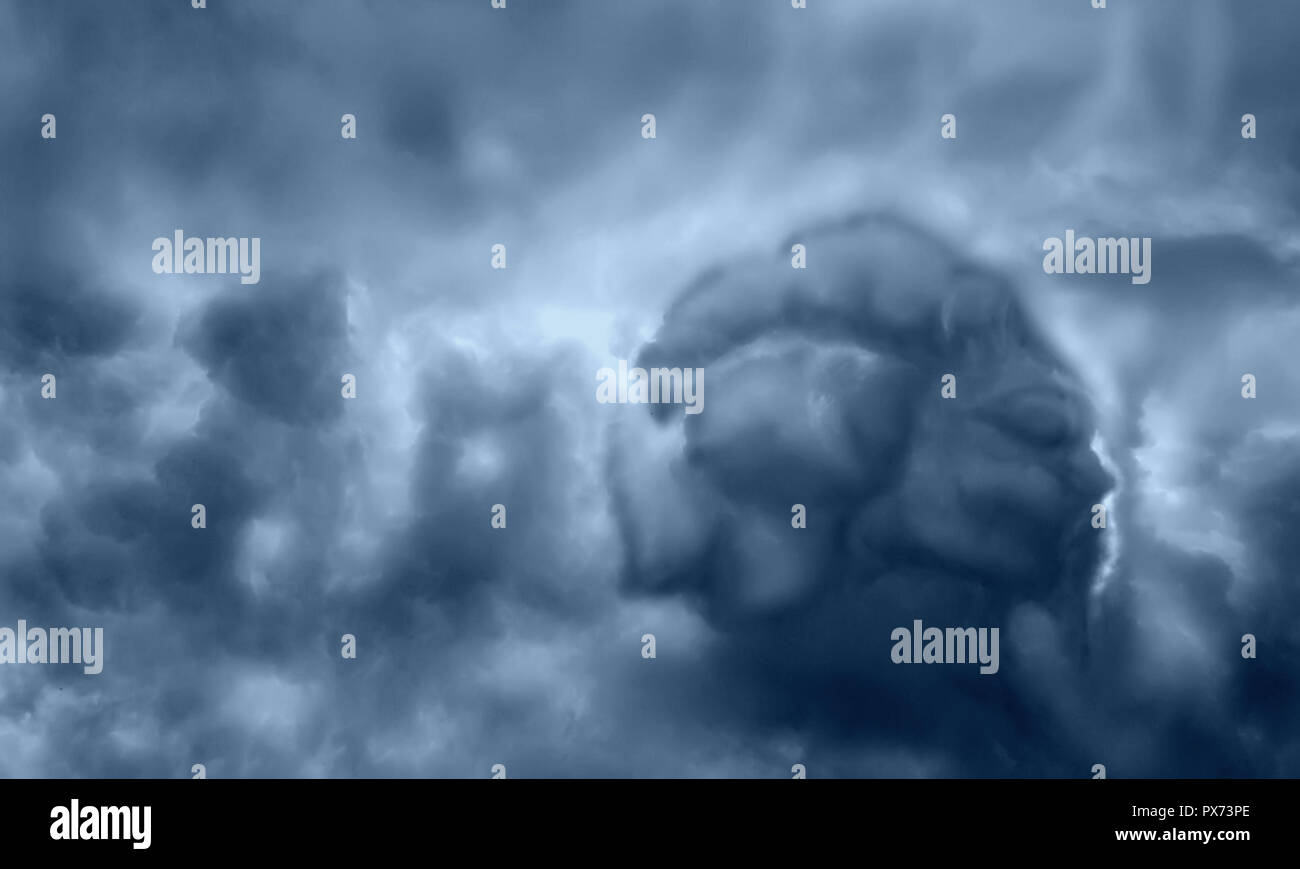 Alien newcomer in the sky painted on clouds. Abstract ancient evil god ...