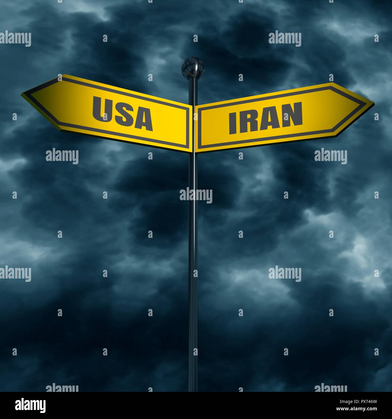 3d rendering of road signs with USA and IRAN text pointing in opposite ...