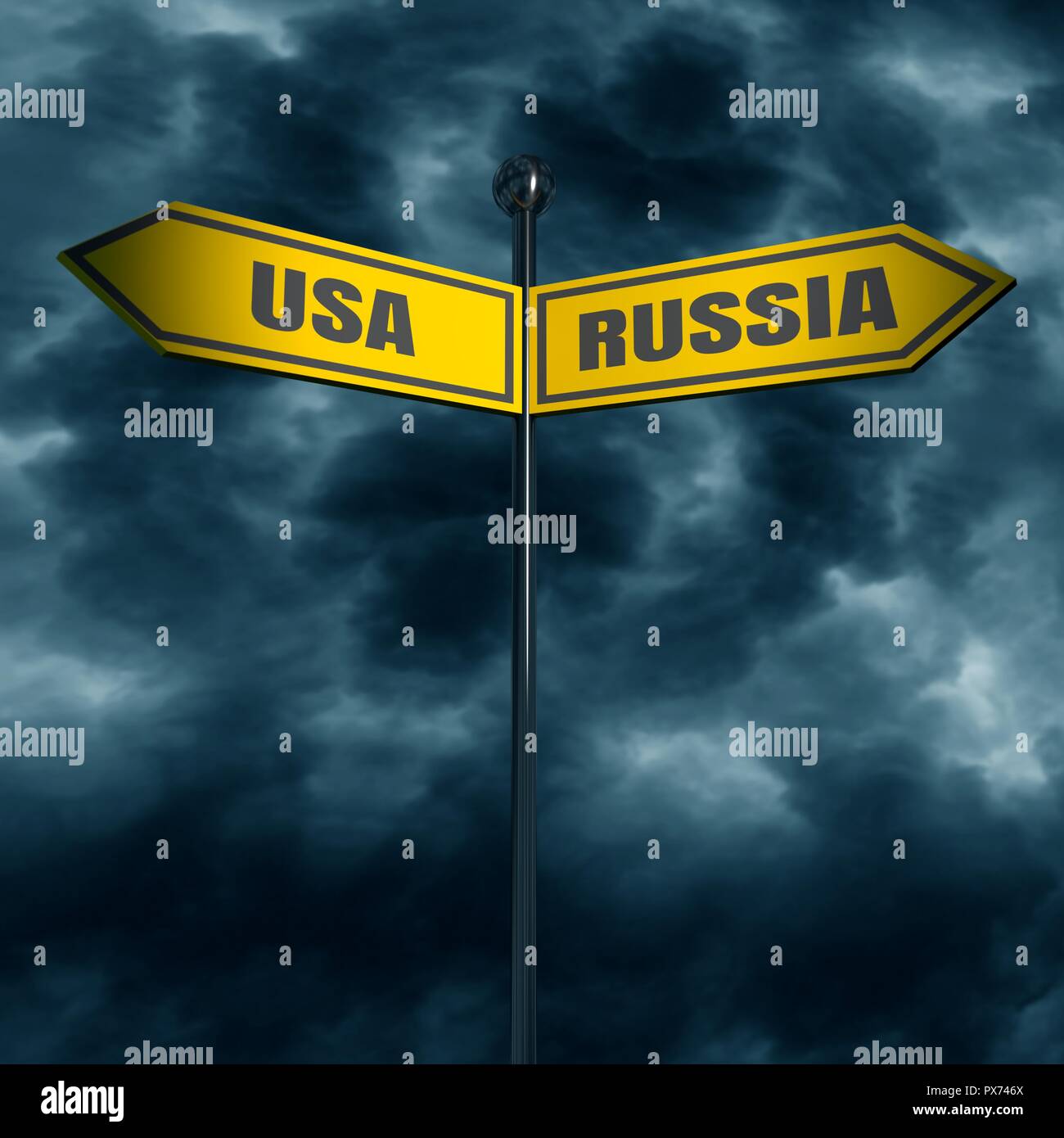 3d rendering of road signs with USA and RUSSIA text pointing in ...