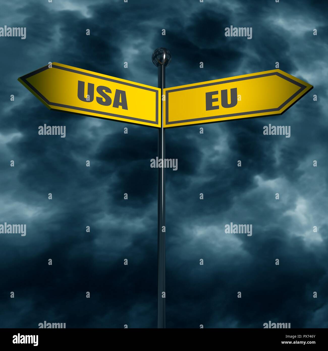 3d rendering of road signs with USA and EU text pointing in opposite ...