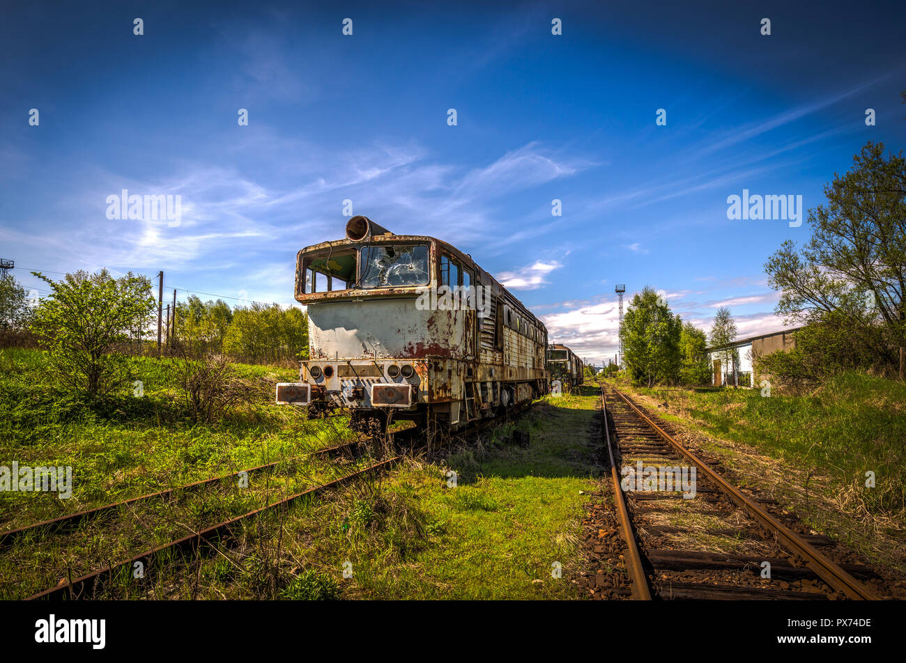 Old diesel locomotive in train cemetery in the summer with green grass ...