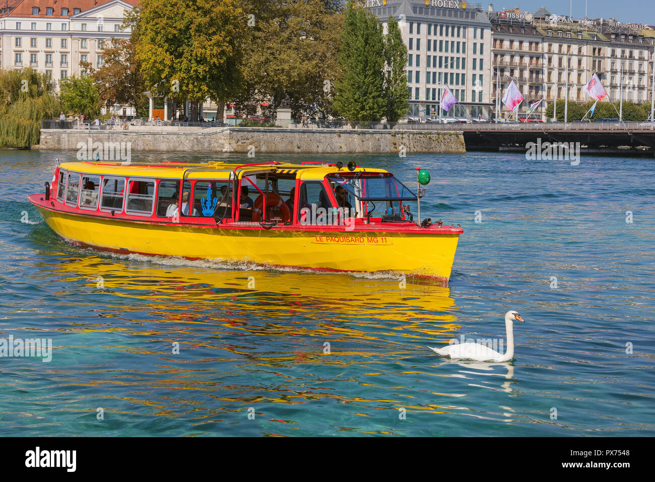 Geneva, Switzerland - September 24, 2016: a yellow passenger boat on ...
