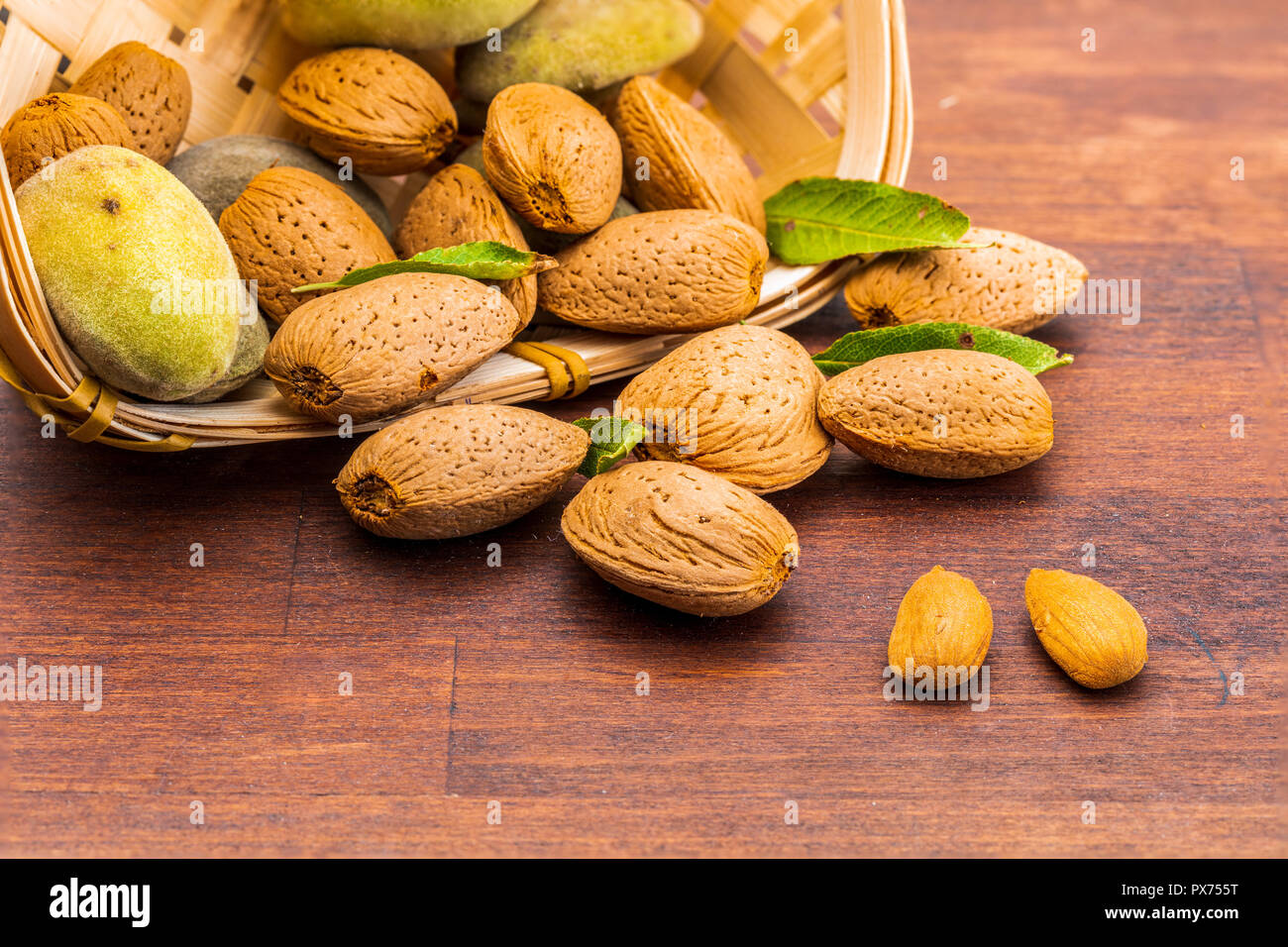 Raw almonds, peeled, with peel, skin (almendrucos) and almond leaves ...