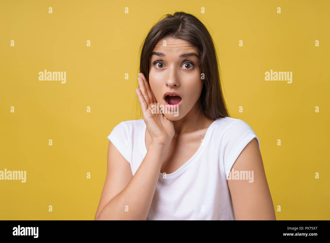 Close up Portrait young beautiful attractive student girl shocking with ...