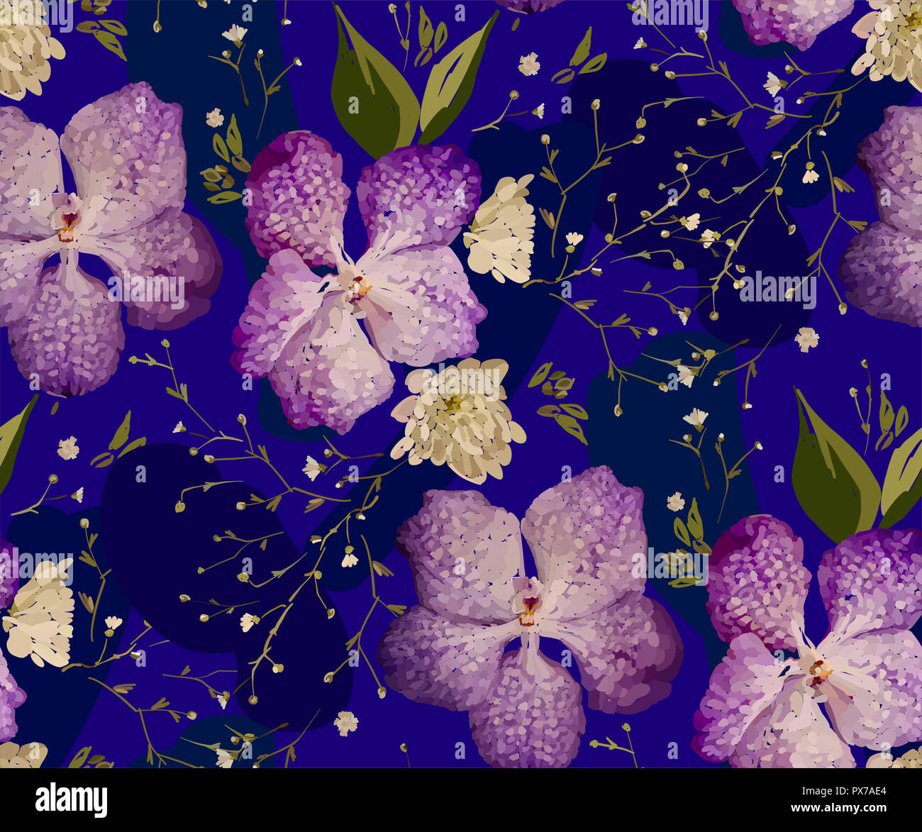 Floral design seamless pattern. Purple orchids with wild flowers ...