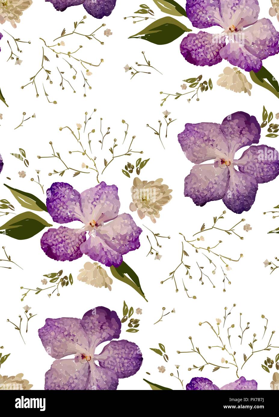 Floral design seamless pattern. Purple orchids with wild flowers ...