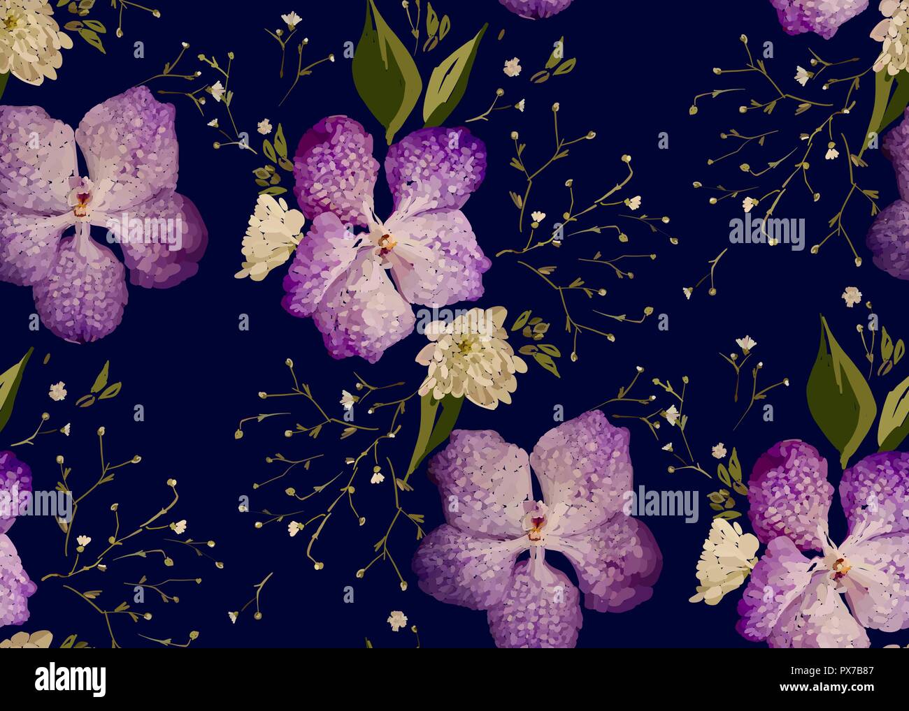 Floral design seamless pattern. Purple orchids with wild flowers ...