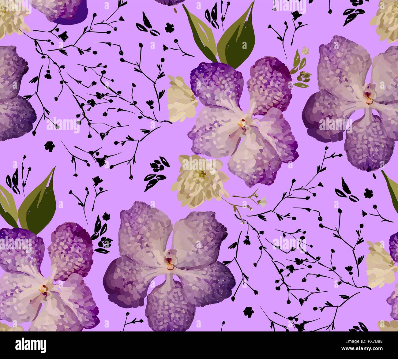 Floral design seamless pattern. Purple orchids with wild flowers ...