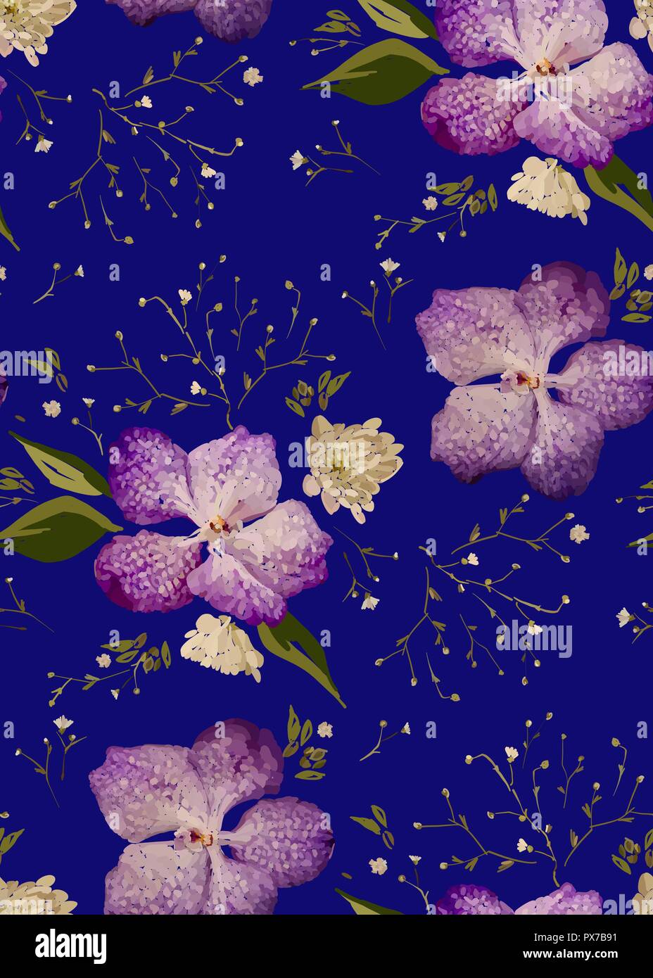 Floral design seamless pattern. Purple orchids with wild flowers ...