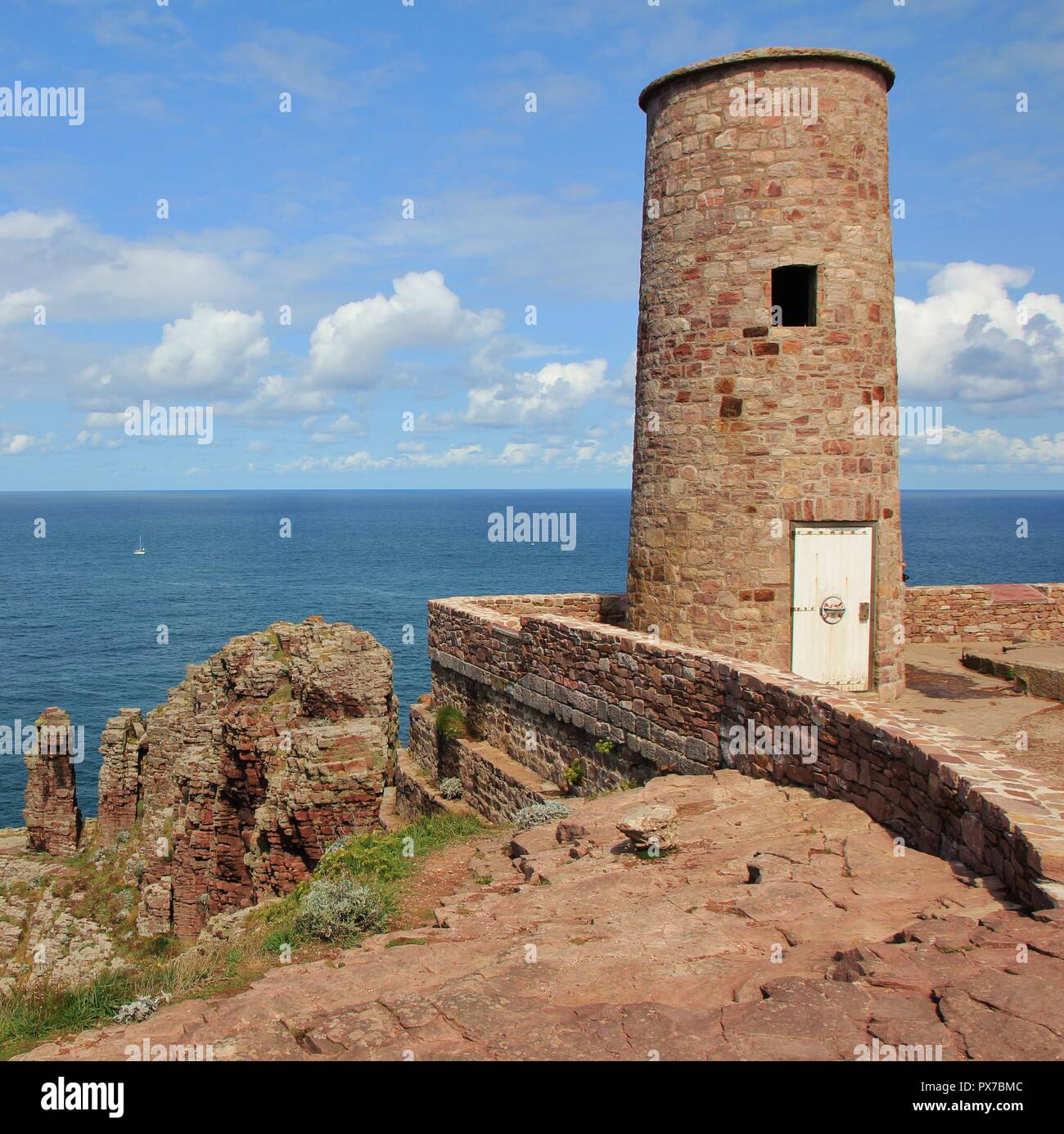Small lighthouse at the head of Cap Frehel, Brittany. French coast ...