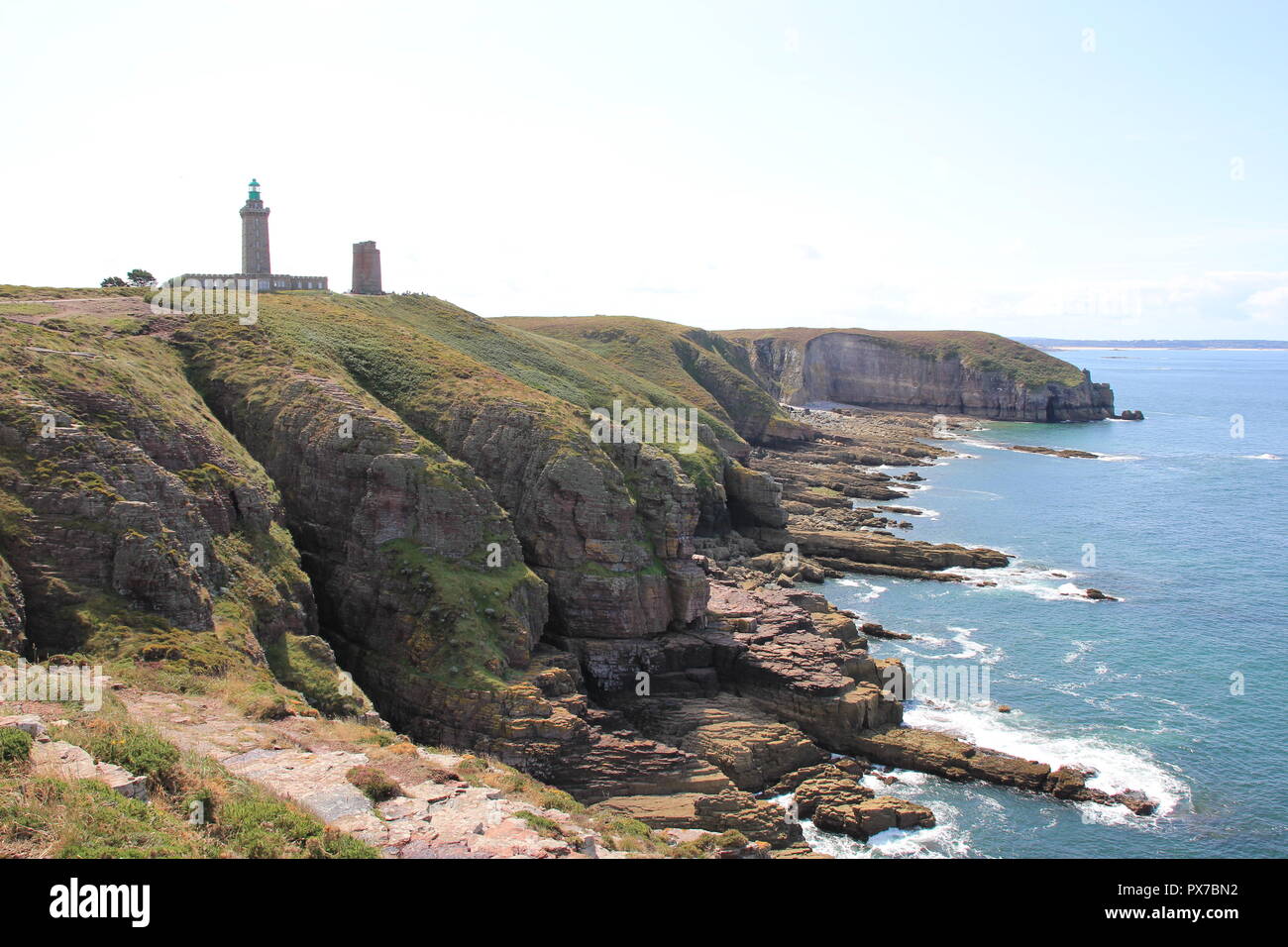 French Coast at Cap Frehel Brittany. English Channel. Old lighthouse ...