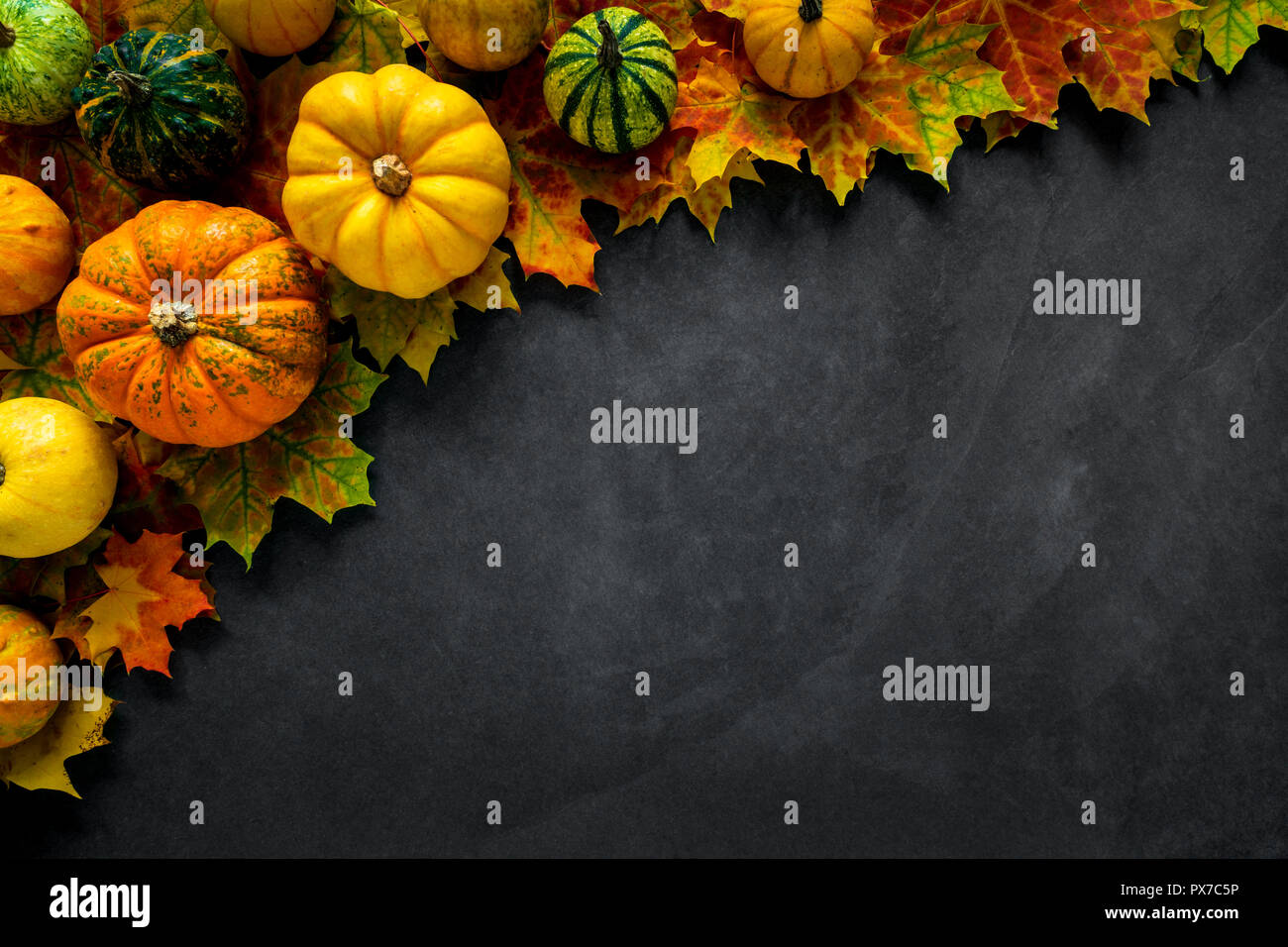 Fall dark stone background with autumn leaves and little pumpkins, top ...