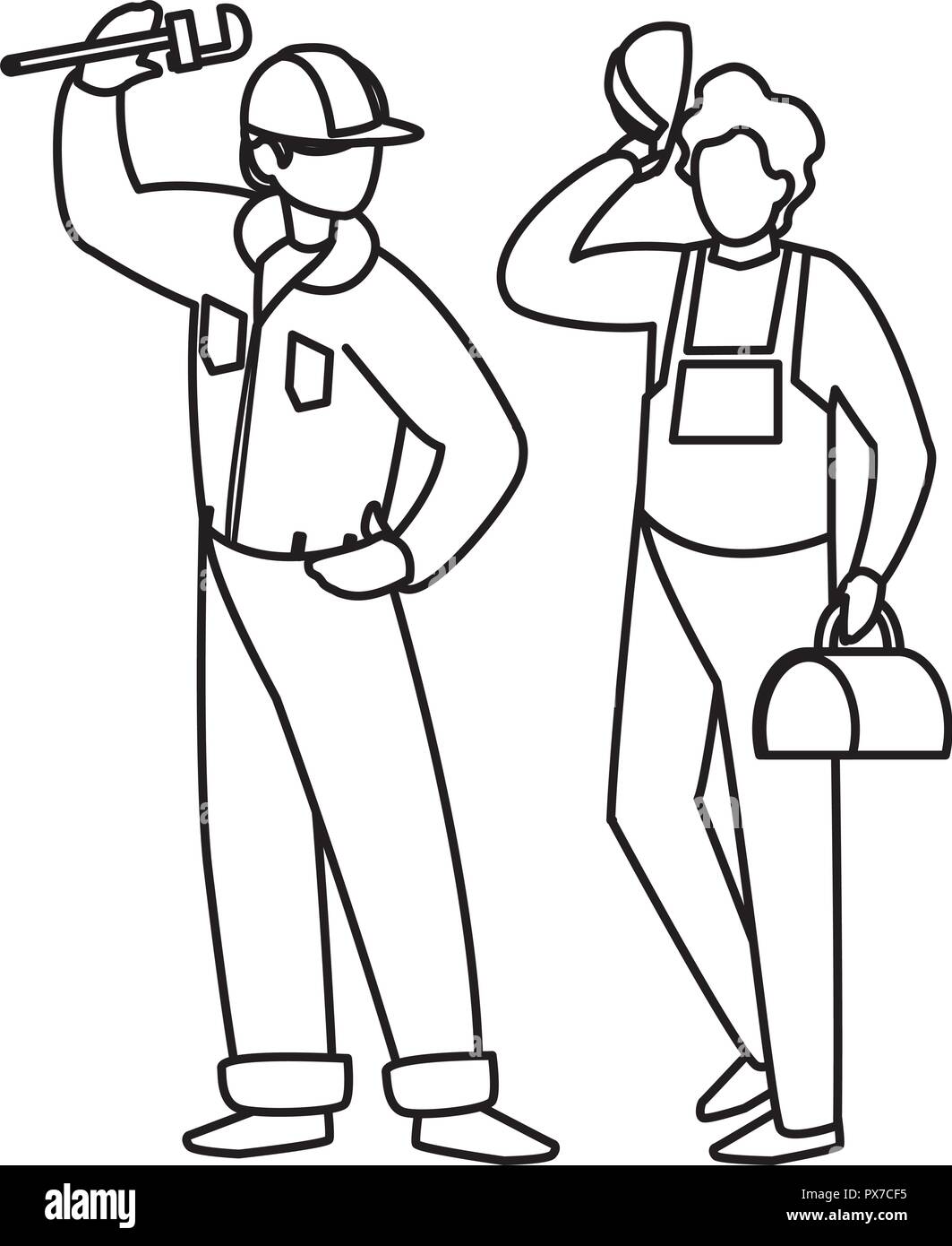 construction workers with tools over white background, vector ...