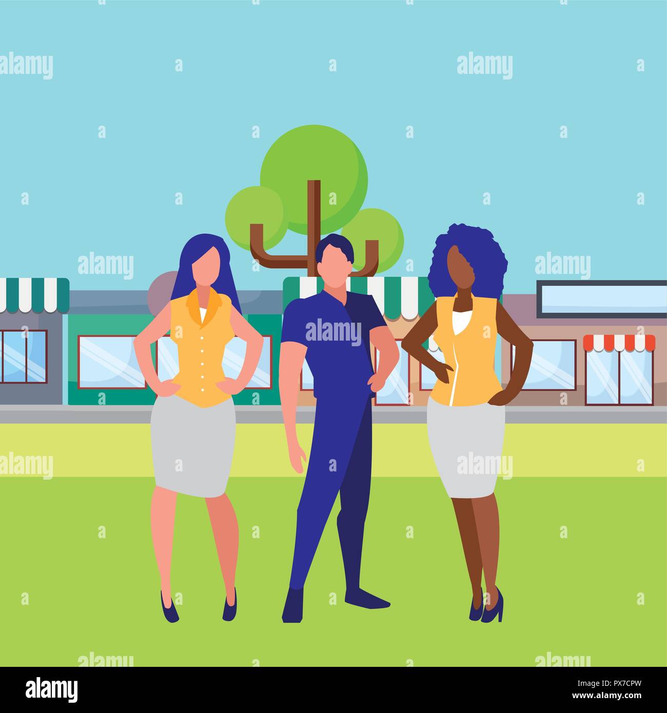 avatar businesspeople standing over city background, colorful design ...