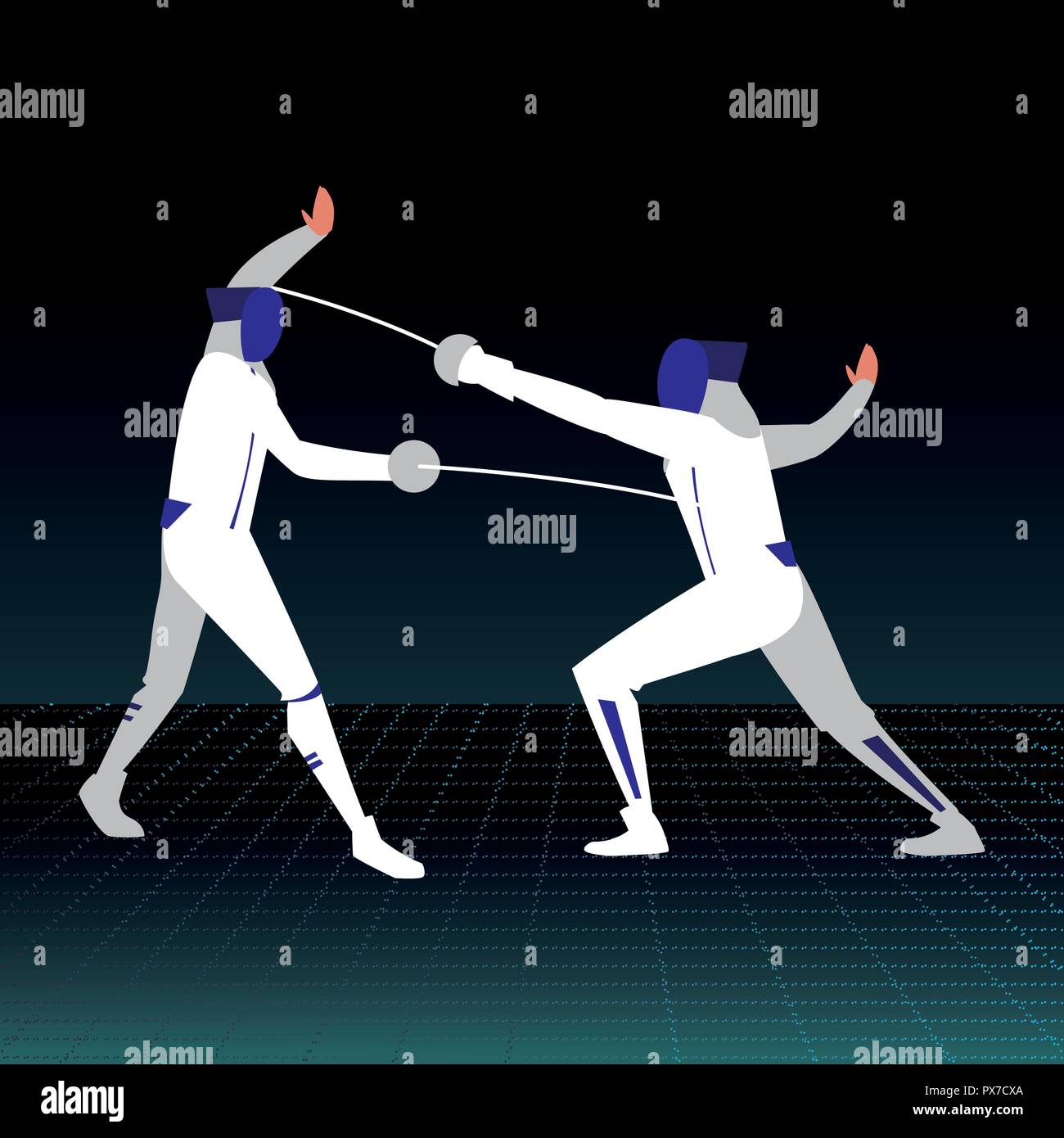 duel of fencing players over black background, colorful design. vector ...