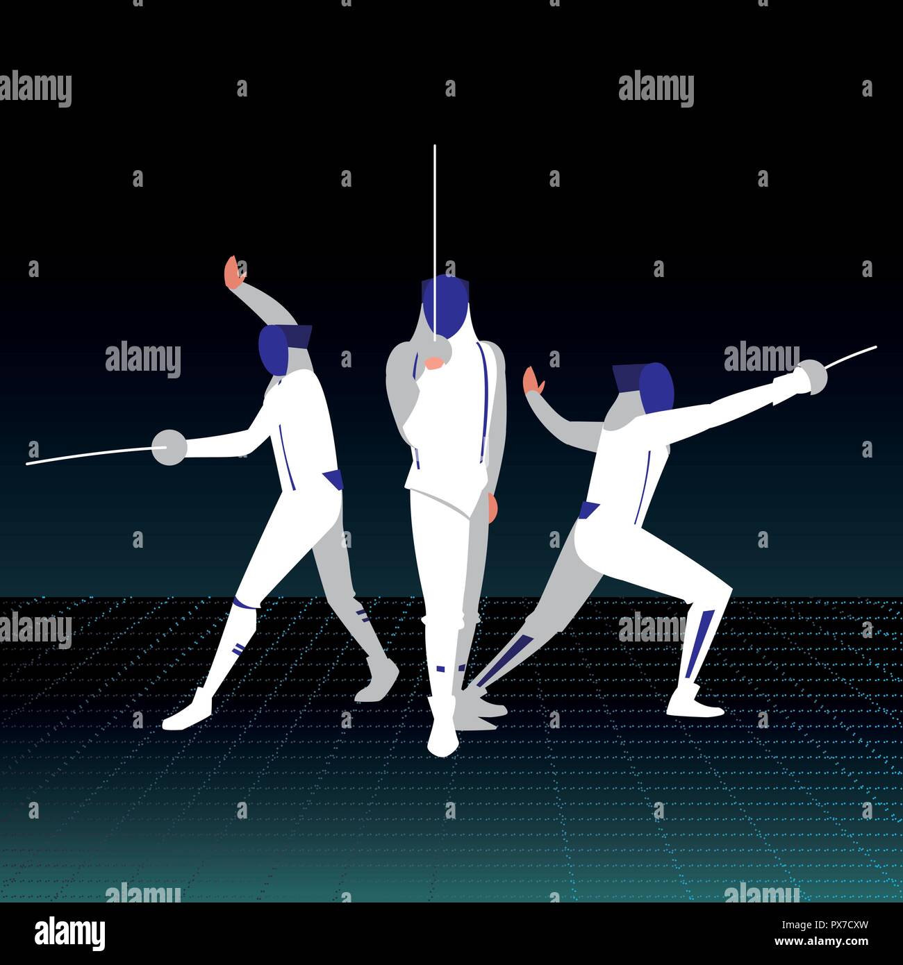 fencing players over black background, colorful design. vector ...