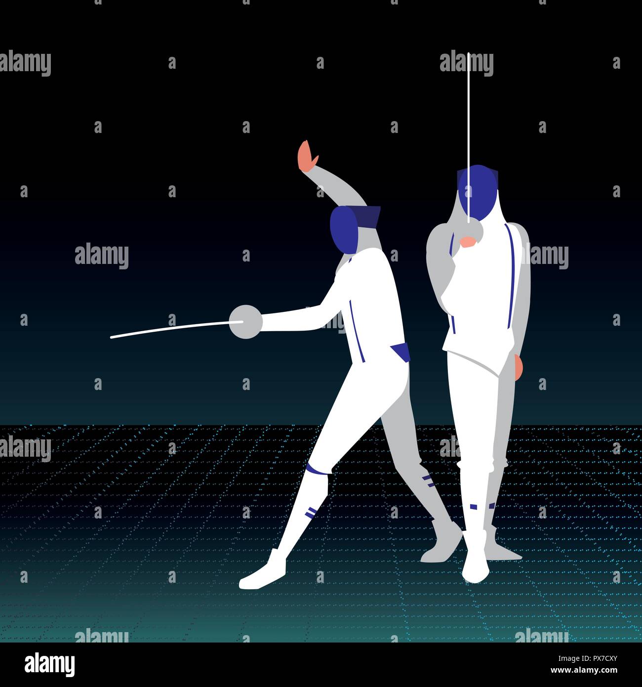 fencing players over black background, colorful design. vector ...