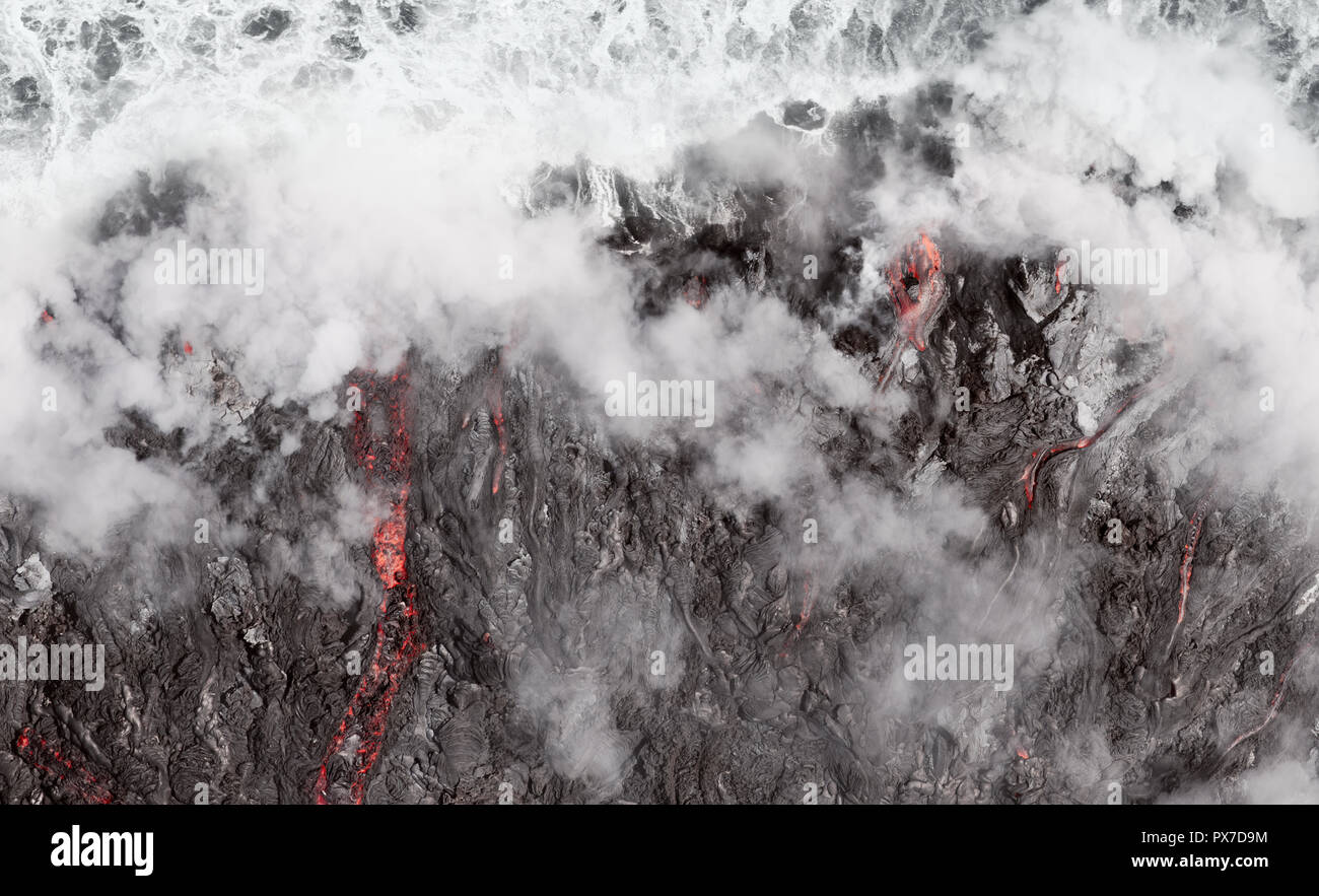 Lava Flow Into The Ocean At Kilauea Active Volcano, Hawaii Stock Photo ...